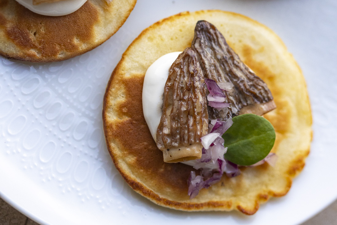 Blinis med morkler og creme fraiche - Nordic Forest Foods